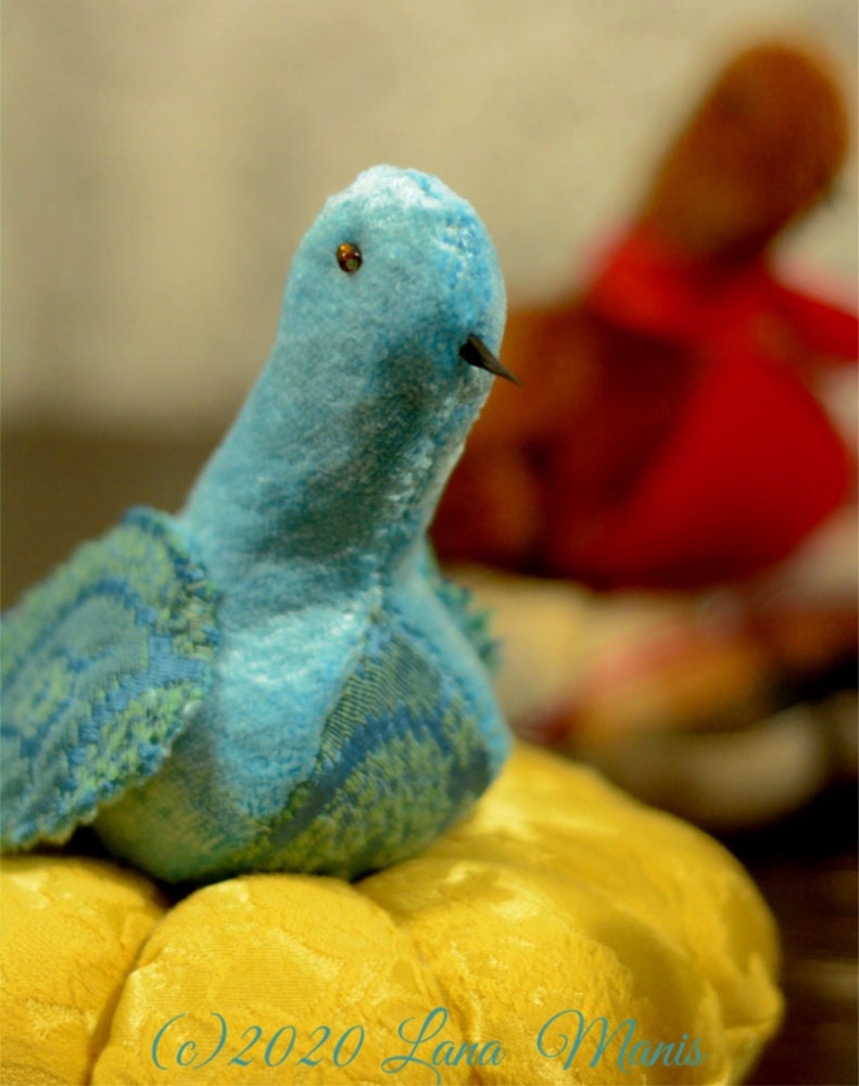 Velvet Blue Bird on Brocade Cushion – Honeysuckle Lane